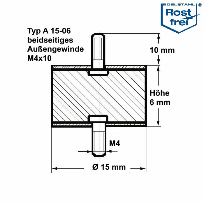 Edelstahl Gummipuffer mit 15 mm Durchmesser Gewinde M4