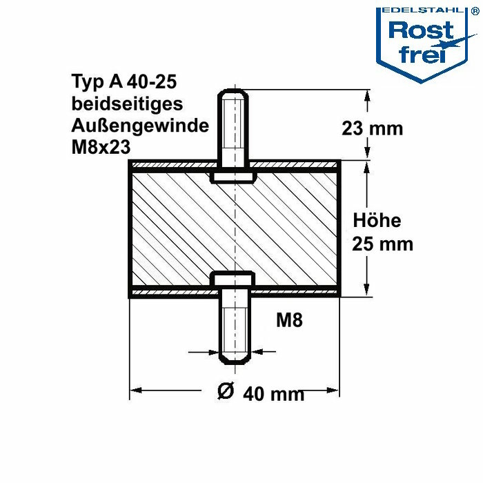 Edelstahl Schwingmetallpuffer als Vibrationsdämpfer A 40x25 mm mit M10 Gewi